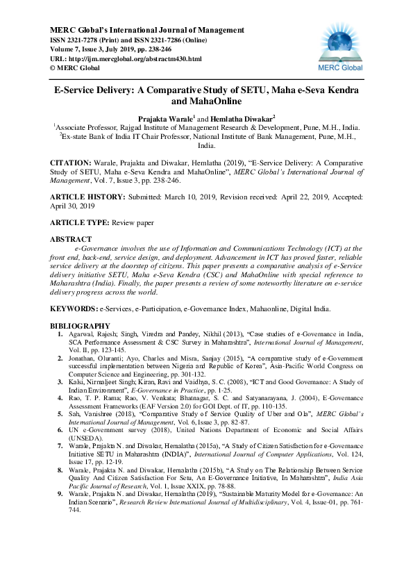 (PDF) E-Service Delivery: A Comparative Study of SETU, Maha e-Seva ...