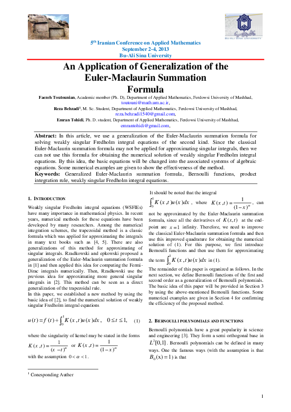 Pdf An Application Of Generalization Of The Euler Maclaurin Summation