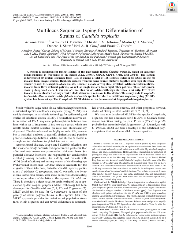 (PDF) Multilocus Sequence Typing for Differentiation of Strains of Candida tropicalis
