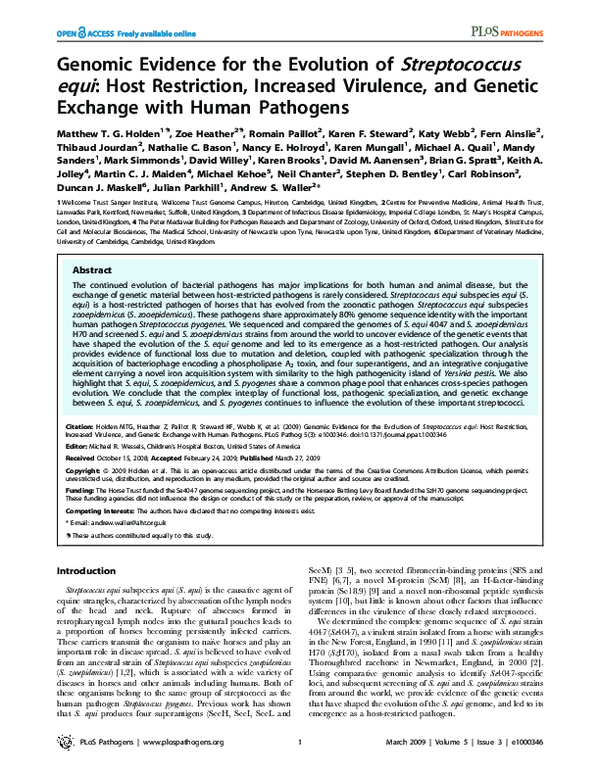 (PDF) Genomic Evidence for the Evolution of Streptococcus equi: Host ...