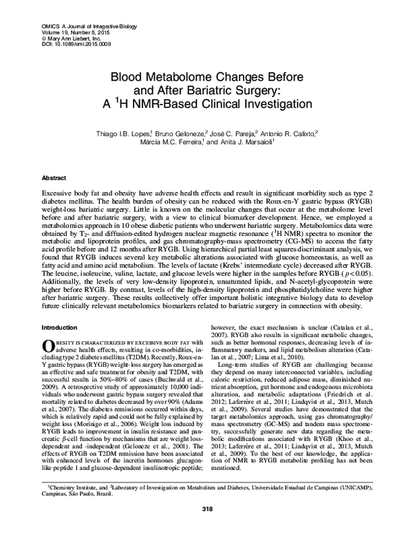 (PDF) Blood Metabolome Changes Before and After Bariatric Surgery: A (1 ...