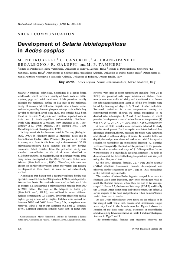 (PDF) Development of Setaria labiatopapillosa in Aedes caspius