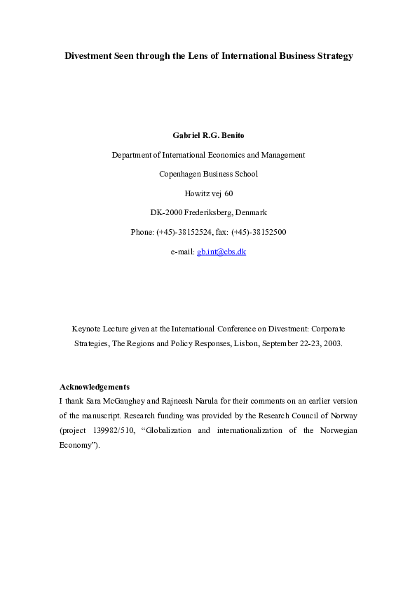 (PDF) Divestment and international business strategy
