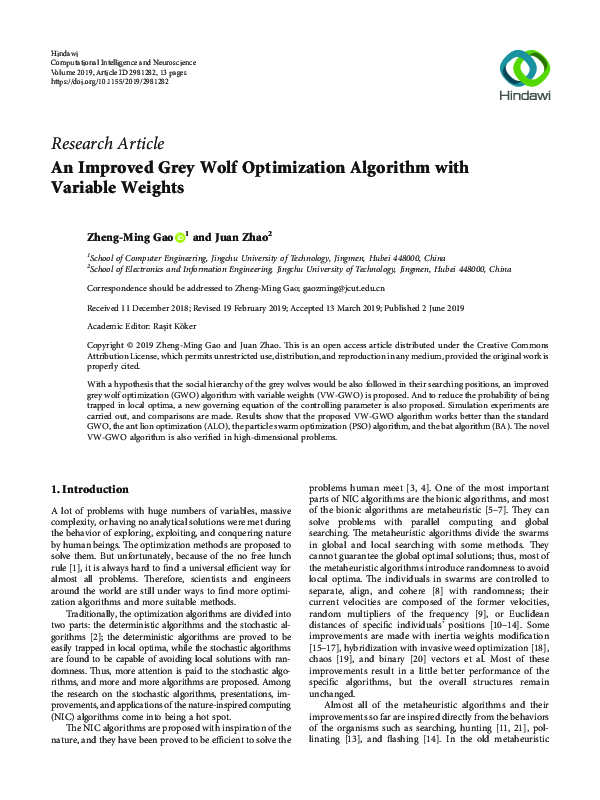 (PDF) An Improved Grey Wolf Optimization Algorithm with Variable Weights