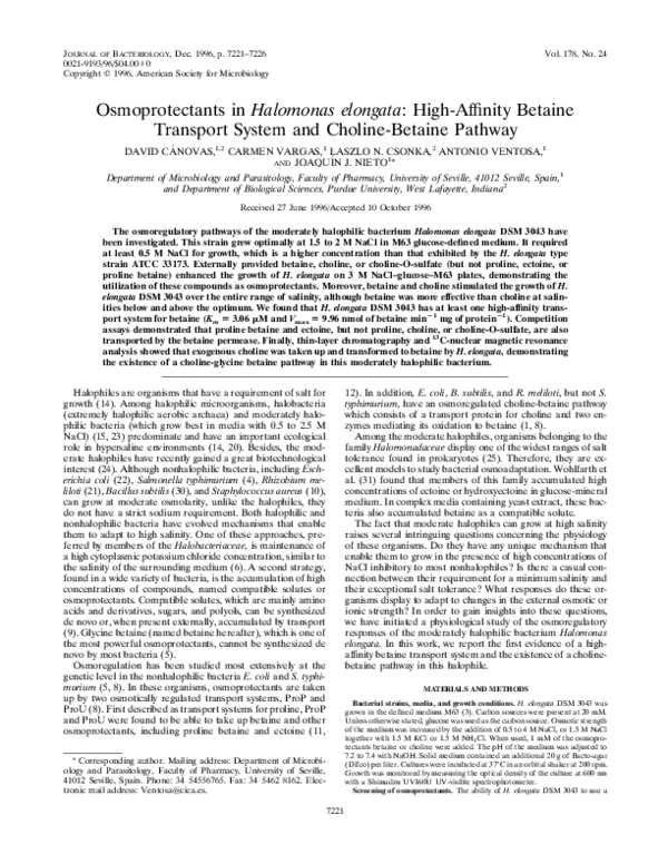 (PDF) Osmoprotectants in Halomonas elongata: high-affinity betaine ...