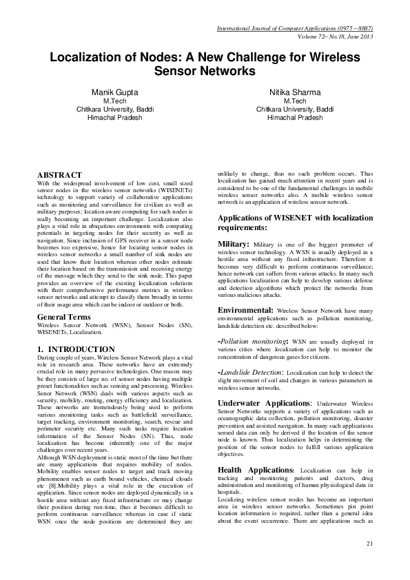 (PDF) Localization of Nodes: A New Challenge for Wireless Sensor Networks