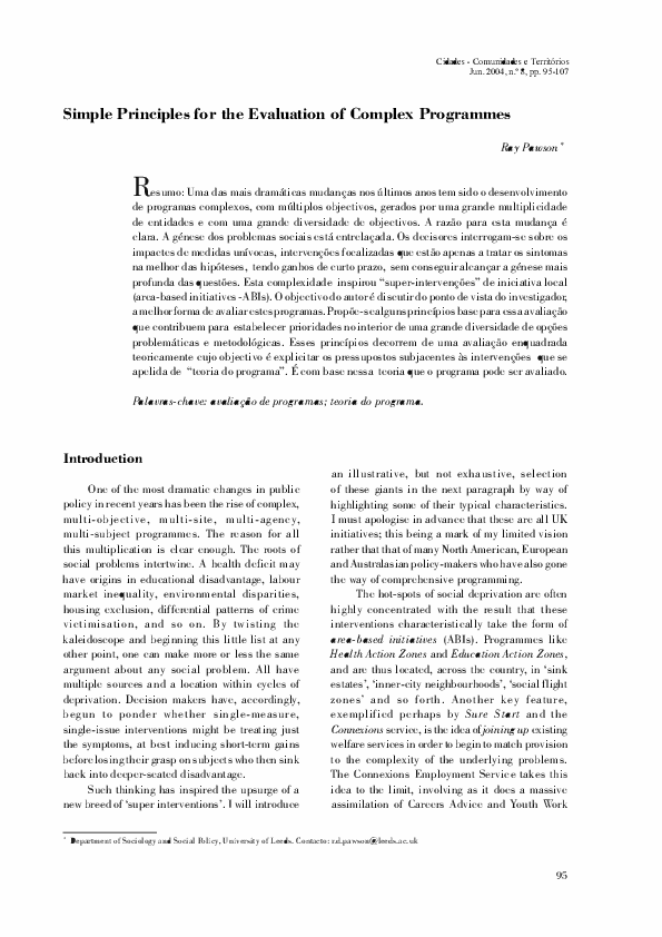 (PDF) Simple Principies for the Evaluation of Complex Programmes