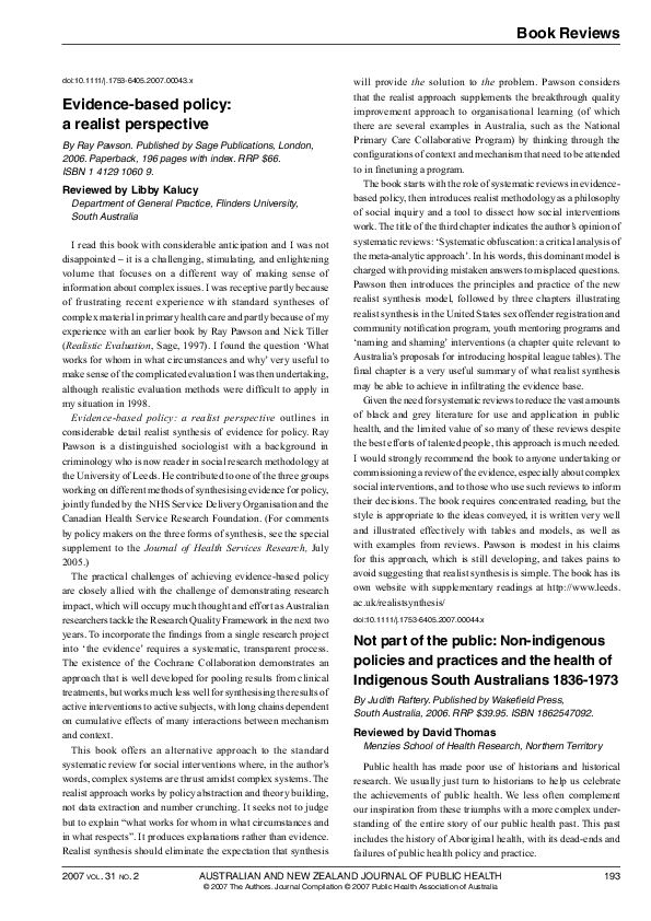 (PDF) Evidence-based policy: a realist perspective