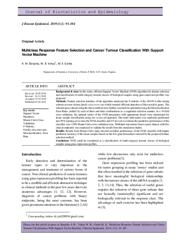 (PDF) Multiclass Response Feature Selection and Cancer Tumour Classification With Support Vector ...