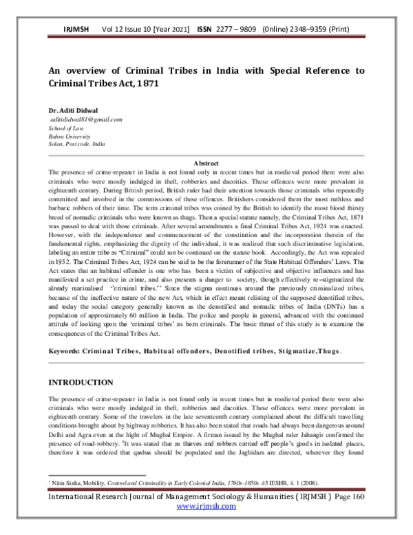 (PDF) An overview of Criminal Tribes in India with Special Reference to ...
