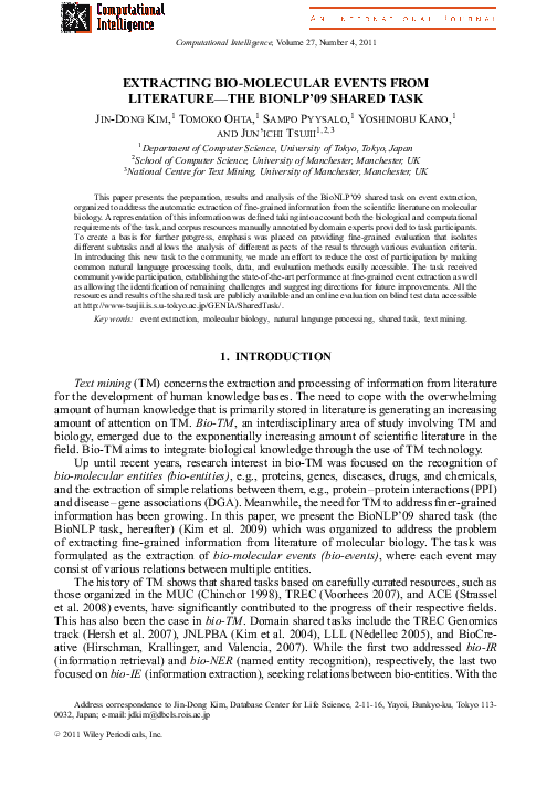 (PDF) Extracting Bio-Molecular Events from Literature-The BIONLP’09 ...