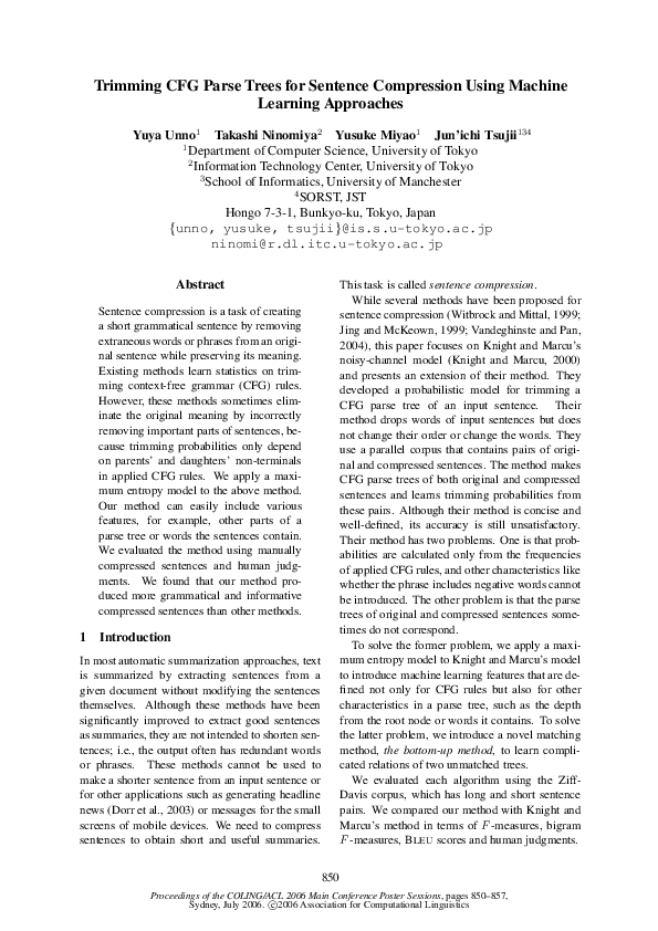 Pdf Trimming Cfg Parse Trees For Sentence Compression Using Machine Learning Approaches