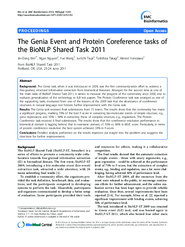 Pdf The Genia Event And Protein Coreference Tasks Of The Bionlp Shared Task 2011