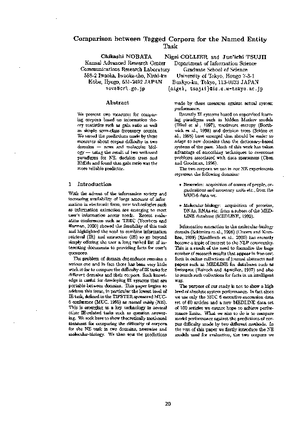 Pdf Comparison Between Tagged Corpora For The Named Entity Task