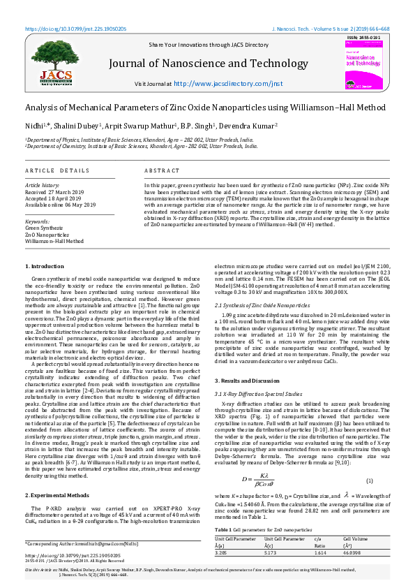 (PDF) Analysis of Mechanical Parameters of Zinc Oxide Nanoparticles ...