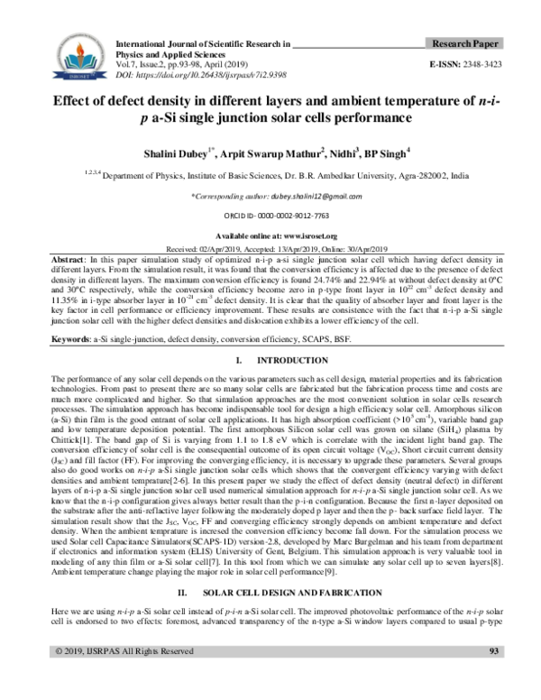 Pdf Effect Of Defect Density In Different Layers And Ambient Temperature Of N I P A Si Single