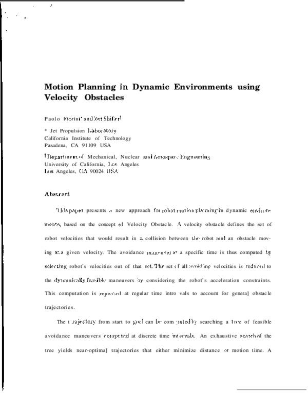 (PDF) Motion planning in dynamic environments using velocity obstacles