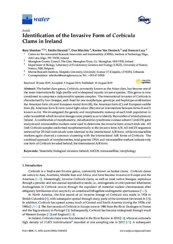 (PDF) Identification of the Invasive Form of Corbicula Clams in Ireland