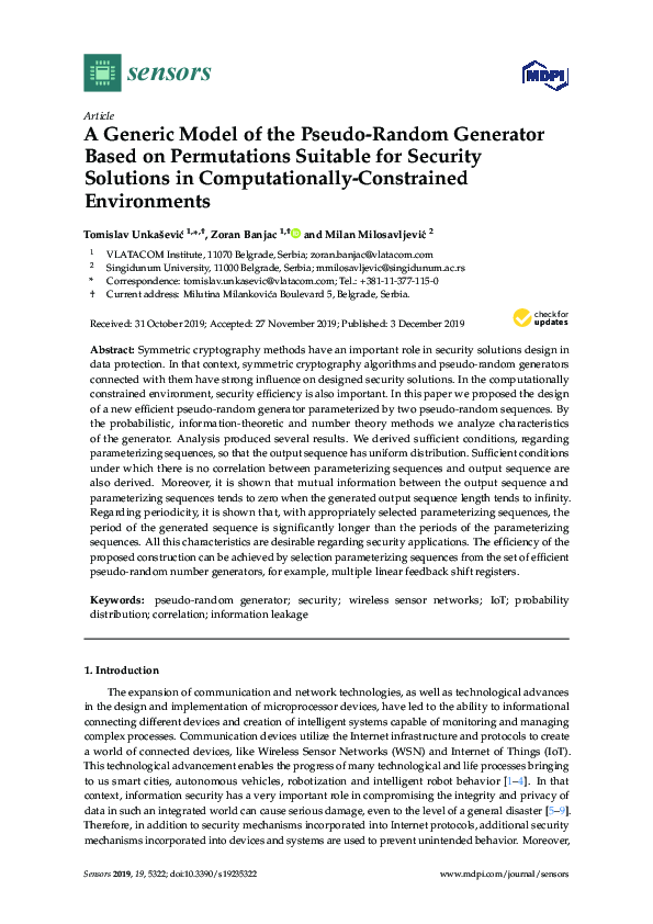 (PDF) A Generic Model of the Pseudo-Random Generator Based on Permutations Suitable for Security ...