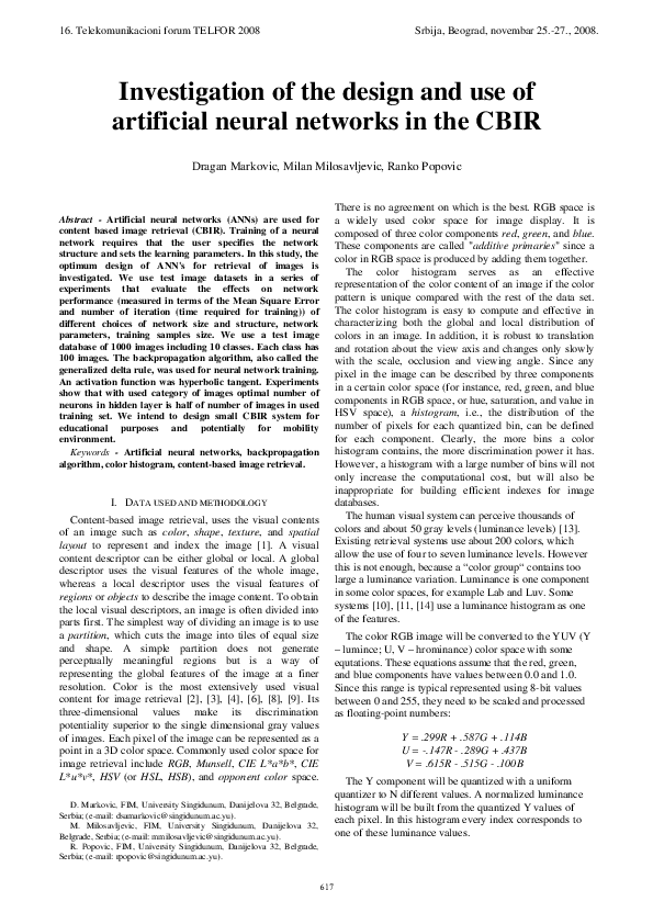 (PDF) Investigation of the design and use of artificial neural networks in the CBIR