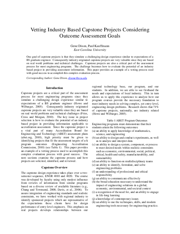 (PDF) Vetting Industry Based Capstone Projects Considering Outcome ...