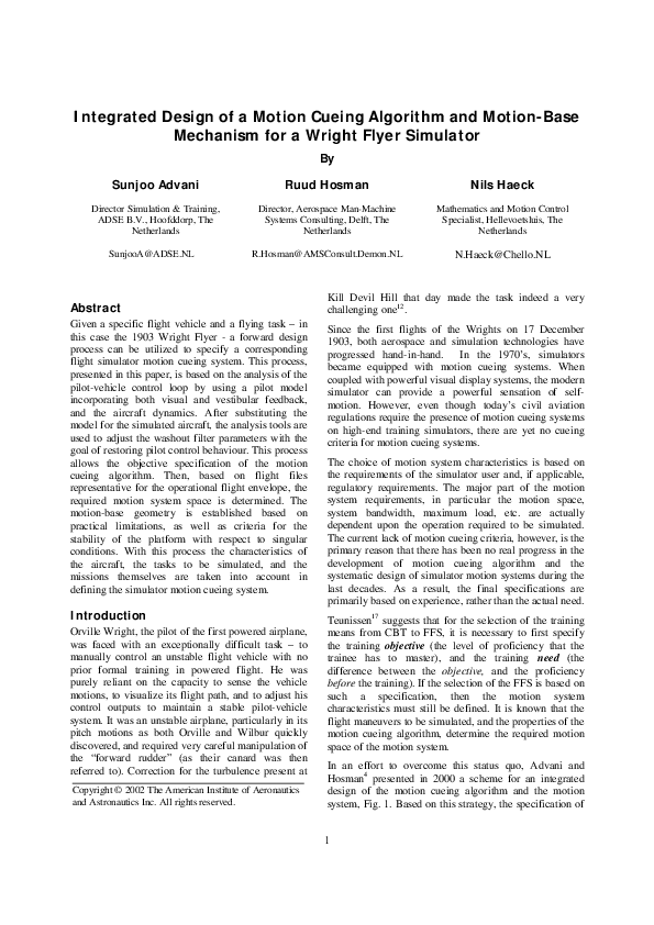 (PDF) Integrated Design of a Motion Cueing Algorithm and Motion-Base Mechanism for a Wright ...