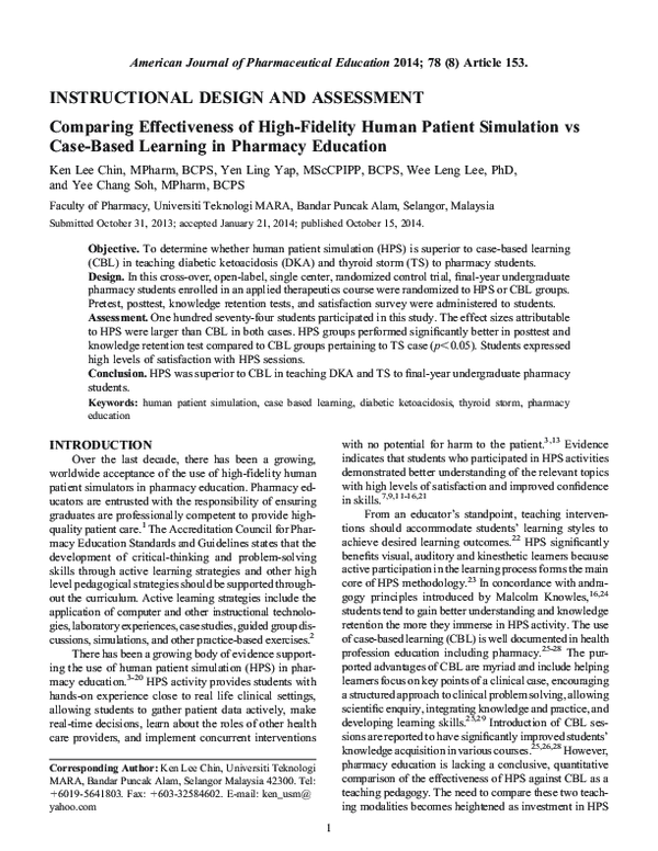 (PDF) Comparing Effectiveness of High-Fidelity Human Patient Simulation vs Case-Based Learning ...