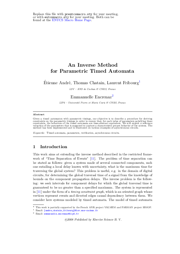 Pdf An Inverse Method For Parametric Timed Automata 8886