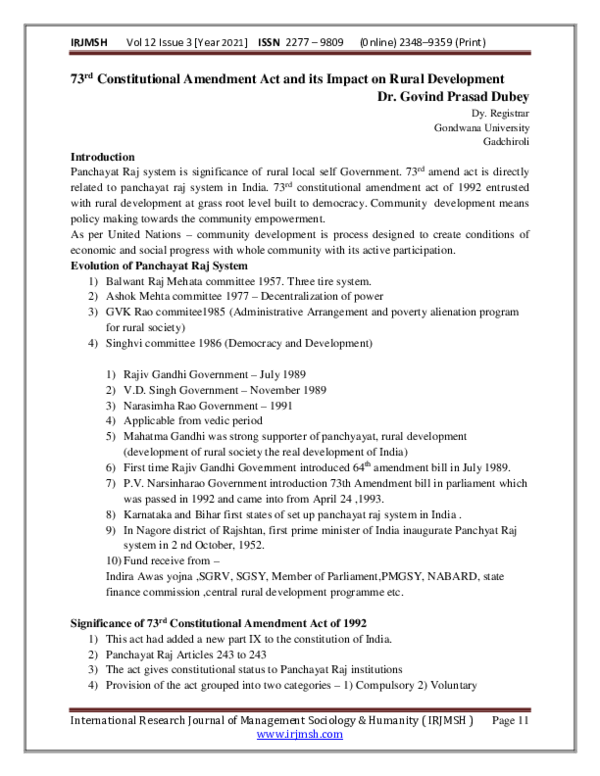 (PDF) 73 rd Constitutional Amendment Act and its Impact on Rural ...