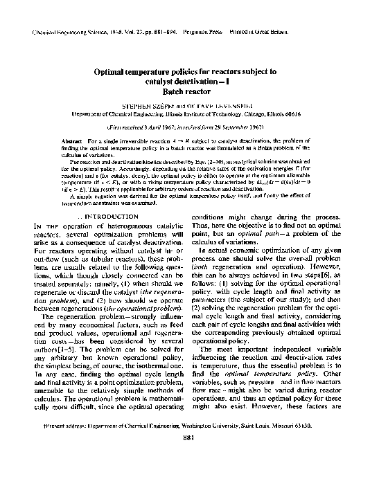 (PDF) Optimal temperature policies for reactors subject to catalyst deactivation—I Batch reactor
