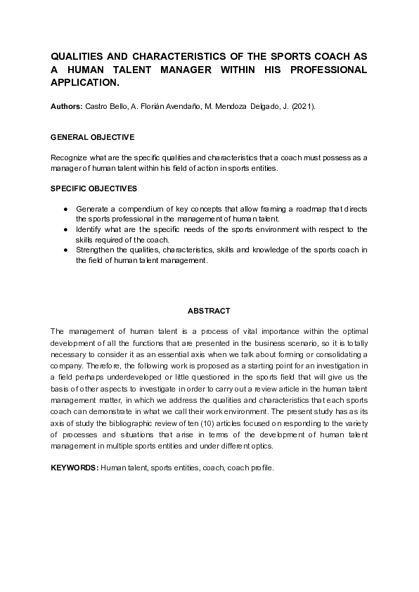(PDF) QUALITIES AND CHARACTERISTICS OF THE SPORTS COACH AS A HUMAN ...
