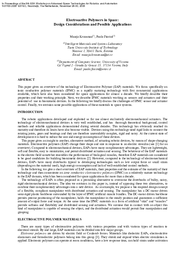 (PDF) Electroactive Polymers in Space: Design Considerations and ...