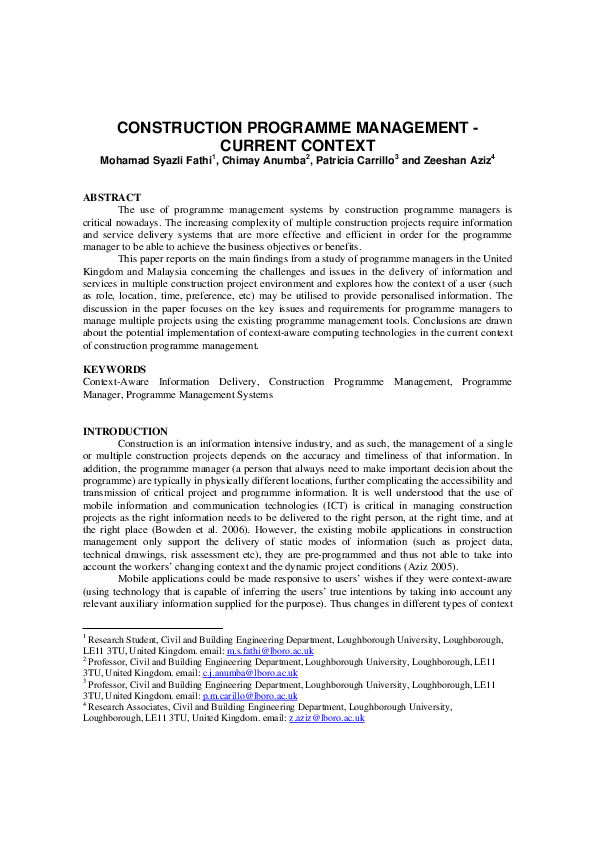 (PDF) Construction programme management-current context