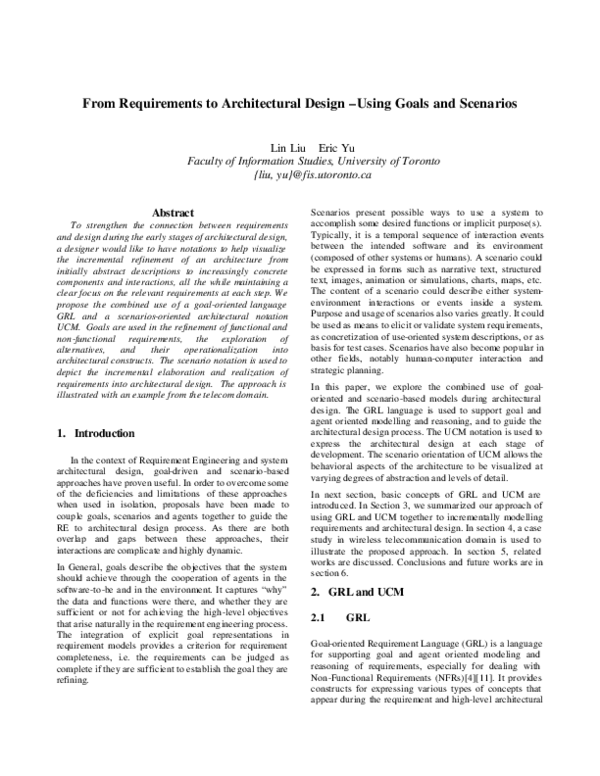 (PDF) From Requirements to Architectural Design -Using Goals and Scenarios | Eric Yu - Academia.edu