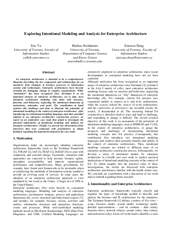 Pdf Exploring Intentional Modeling And Analysis For Enterprise