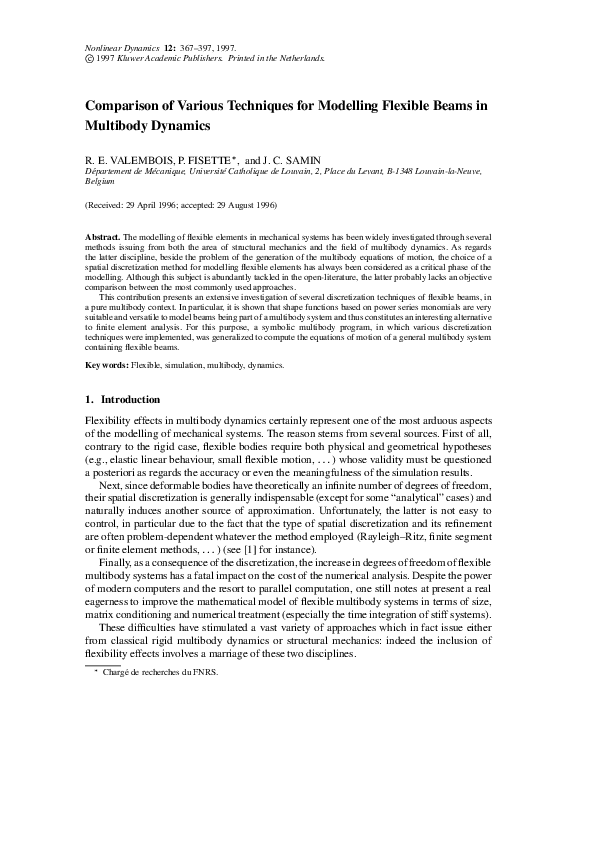 (PDF) Comparison of Various Techniques for Modelling Flexible Beams in Multibody Dynamics