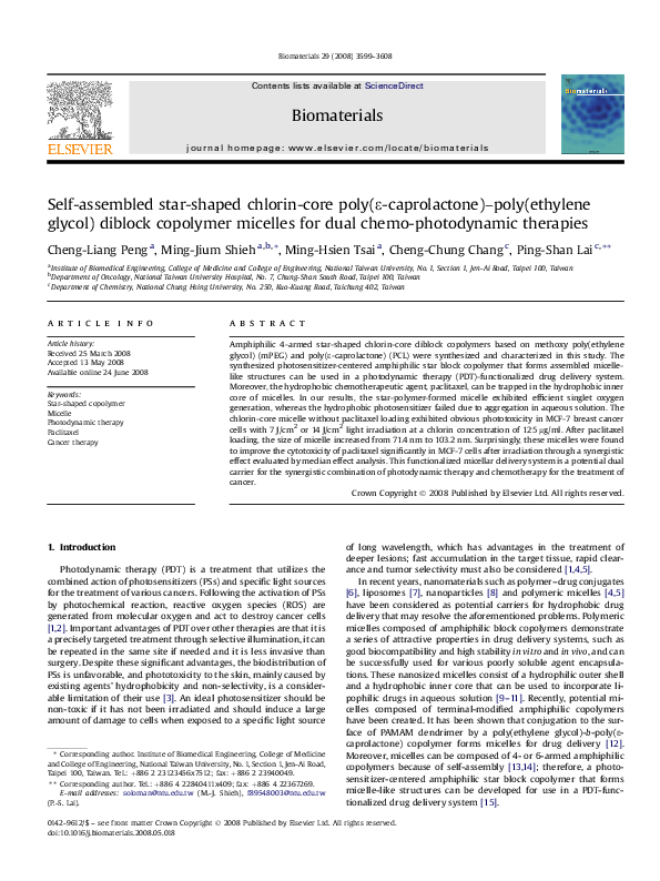 (PDF) Self-assembled star-shaped chlorin-core poly(ɛ-caprolactone)–poly(ethylene glycol) diblock ...