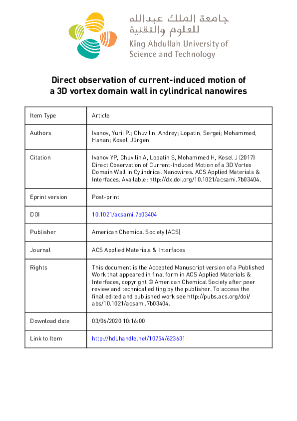 (PDF) Direct Observation of Current-Induced Motion of a 3D Vortex ...