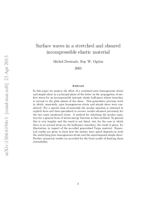 Pdf Surface Waves In A Stretched And Sheared Incompressible Elastic Material