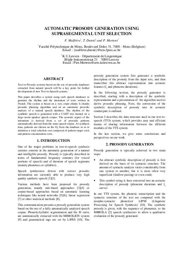 (PDF) Automatic prosody generation using suprasegmental unit selection