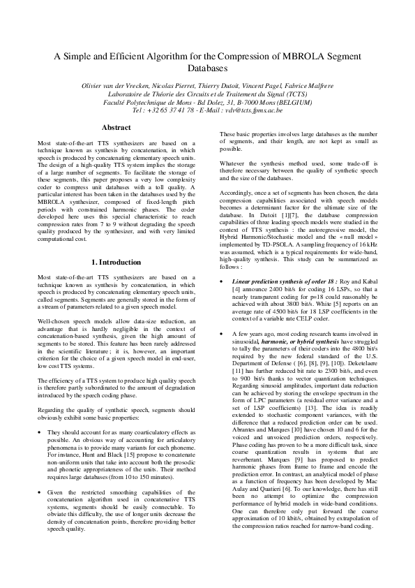 (PDF) A Simple and Efficient Algorithm for the Compression of MBROLA Segment Databases