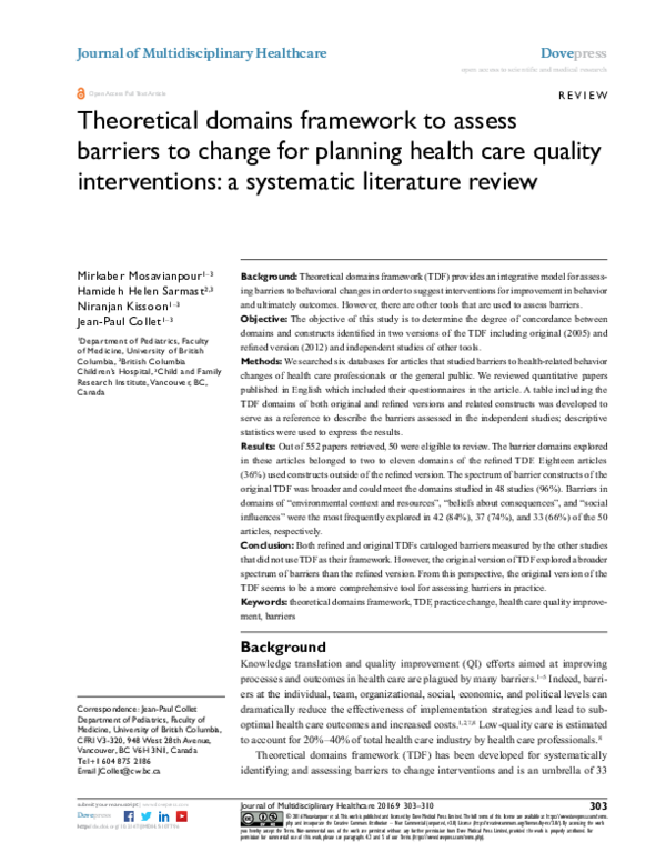 (PDF) Theoretical domains framework to assess barriers to change for ...