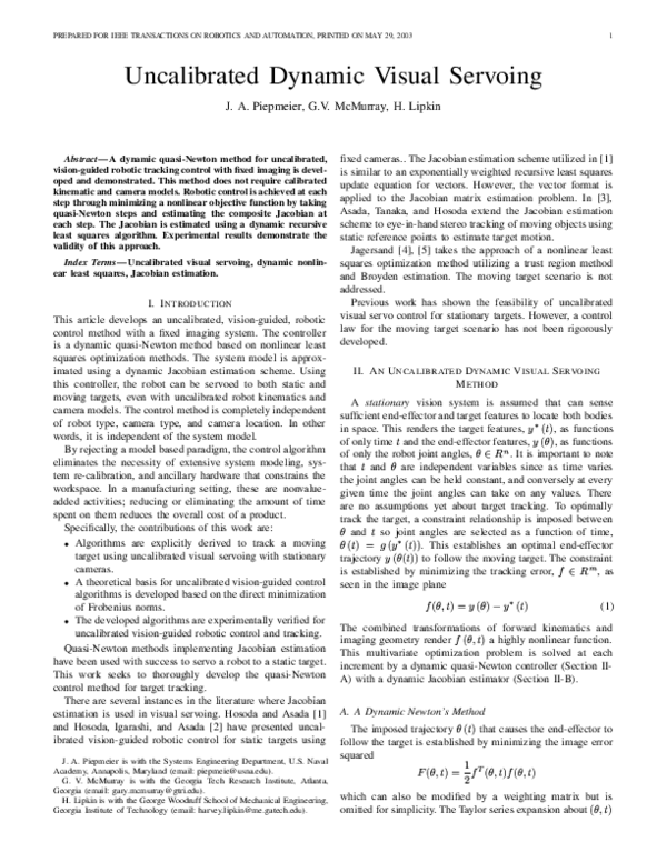 (PDF) Uncalibrated Dynamic Visual Servoing
