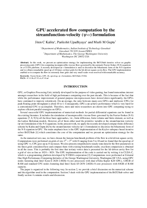 (PDF) GPU accelerated flow computation by the streamfunction-velocity (ψ-ν) formulation