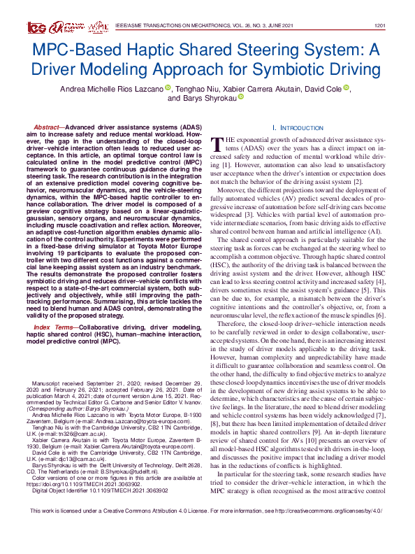(PDF) MPC-Based Haptic Shared Steering System: A Driver Modeling Approach for Symbiotic Driving