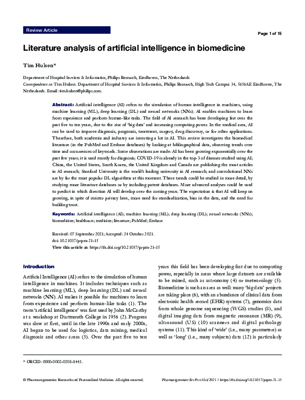 (PDF) Literature analysis of artificial intelligence in biomedicine