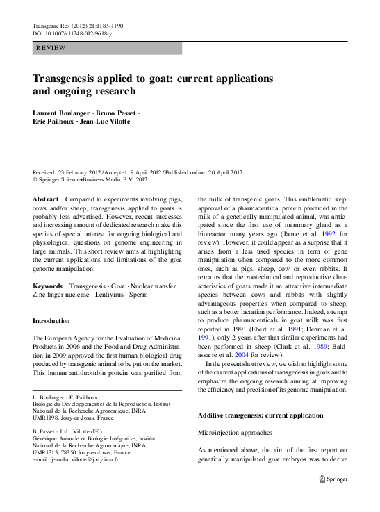 (PDF) Transgenesis applied to goat: current applications and ongoing ...