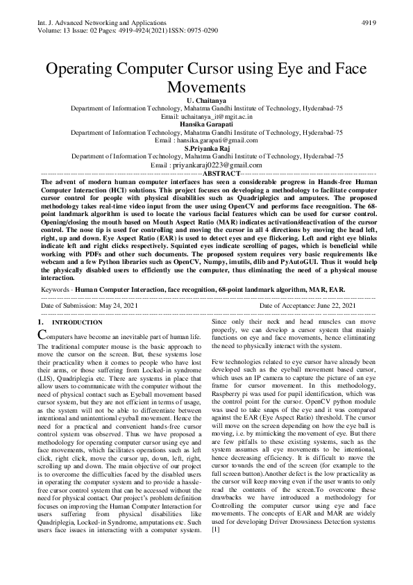 (PDF) Operating Computer Cursor Using Eye And Face Movements