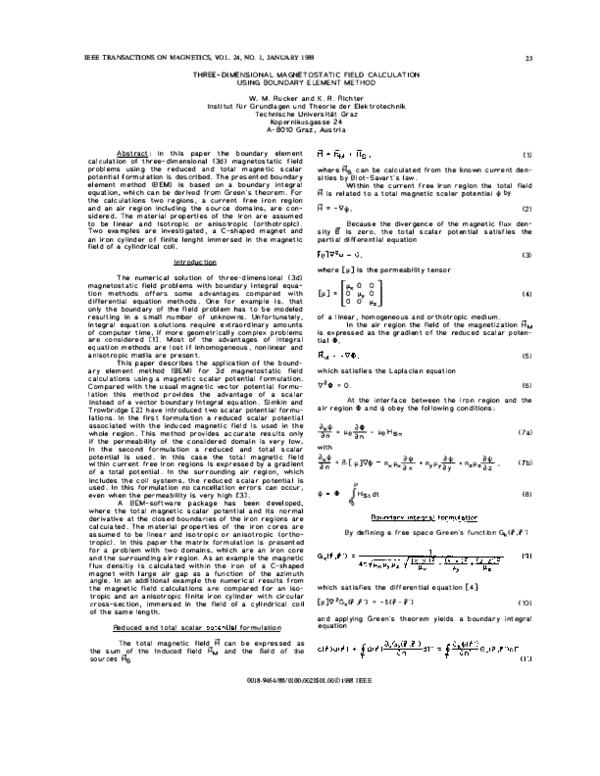 Pdf Three Dimensional Magnetostatic Field Calculation Using Boundary