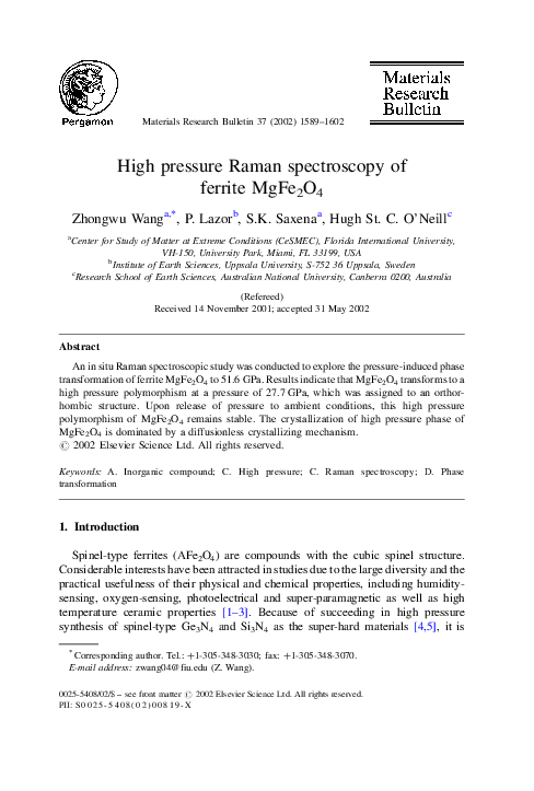 (PDF) High pressure Raman spectroscopy of ferrite MgFe2O4